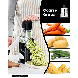 BASSWOOD Rotary Cheese Grater with Handle - Mandoline Slicer with 3 Stainless Steel Drum Blades-Vegetable Slicer Walnuts Grinder Cheese Shredder Round Mandoline with Peeler (Black)