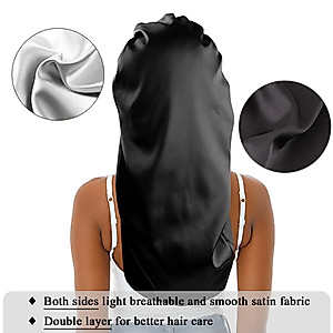 Sent Hair Extra Large Satin Hair Bonnet for Women, Double-Layer Elastic Night Sleeping Cap with Tie Band for Braids/Curly/Long Hair - Black