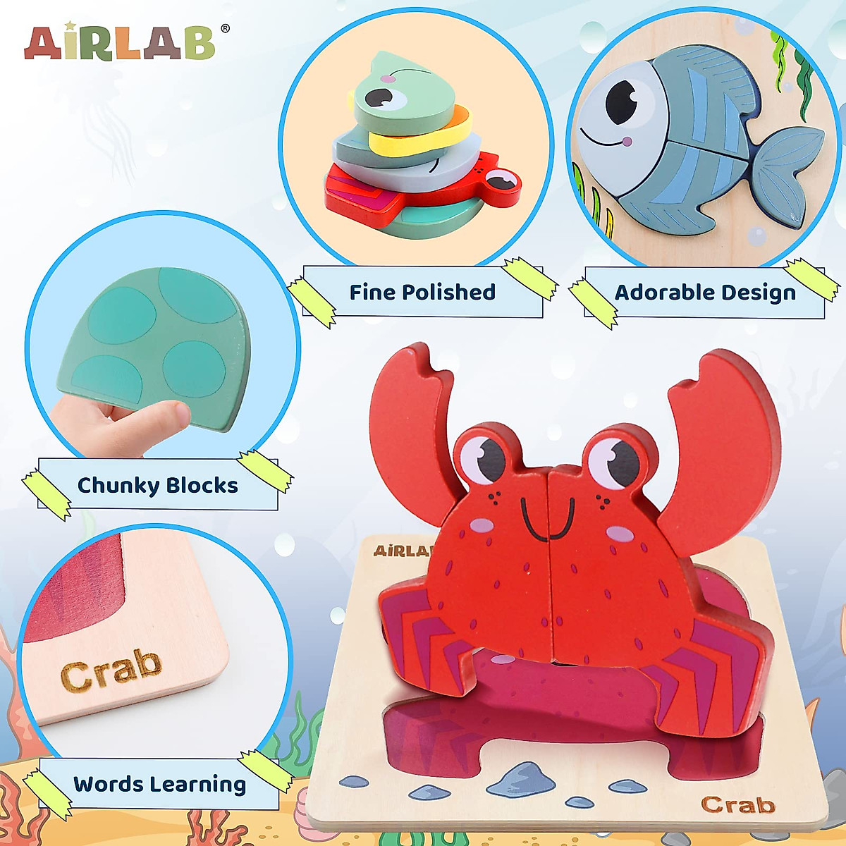 Wooden Puzzles for Toddlers Ocean Animals Montessori Toys Year Old Baby Girl Boy Gifts Educational Learning Bright Color Chunky Shape Puzzle Pack of 4