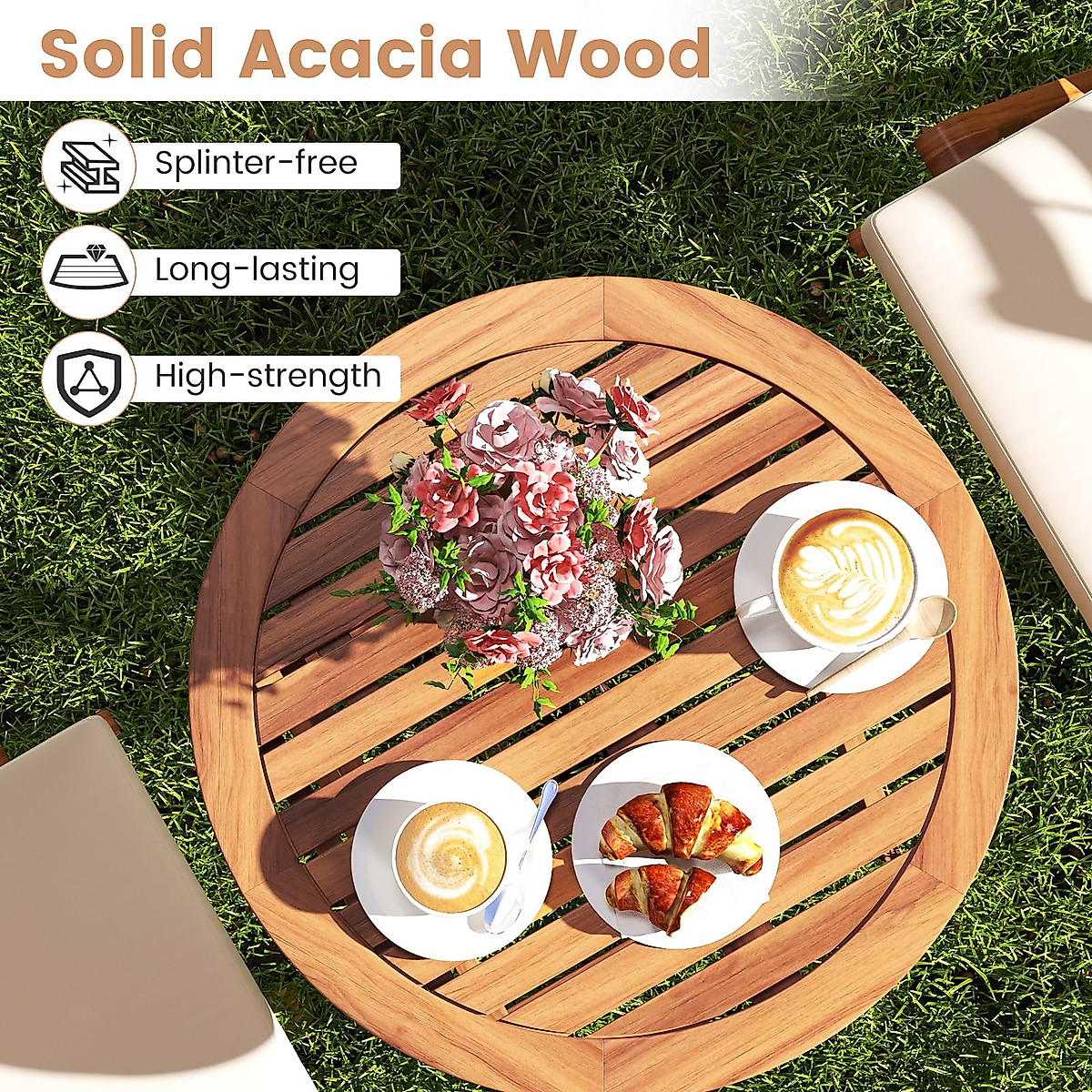 HAPPYGRILL 3 Pieces Acacia Wood Patio Bistro Set, Folding Outdoor Table and Chairs Set with Cushions, Outdoor Patio Furniture Set for Porch, Balcony, Deck, Garden, Backyard