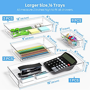 CERMENK 16 Pack Large Clear Drawer Organizer,Bathroom Drawer Organizer Trays,4 Size Plastic Kitchen Drawer Organizer and Storage,Acrylic Vanity Storage Bins for Kitchen Utensils,Office,Makeup