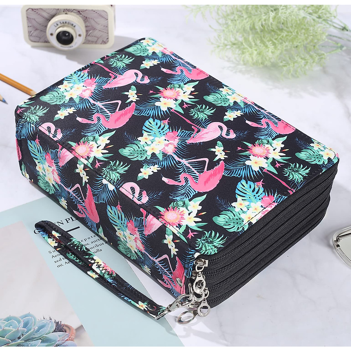 Shulaner 200 Slots Colored Pencil Case with Zipper Closure Large Capacity Oxford Pen Organizer Green Rose Pencil Holder for Artist (Flamingo)