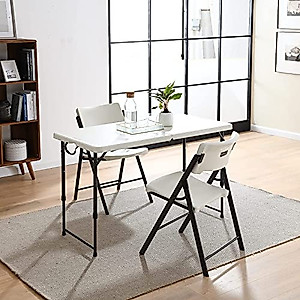 Living and More 4 Foot Height Adjustable Fold-in-Half Table with Carrying Handle, Easy Folding and Storage, Indoor Outdoor Use, White