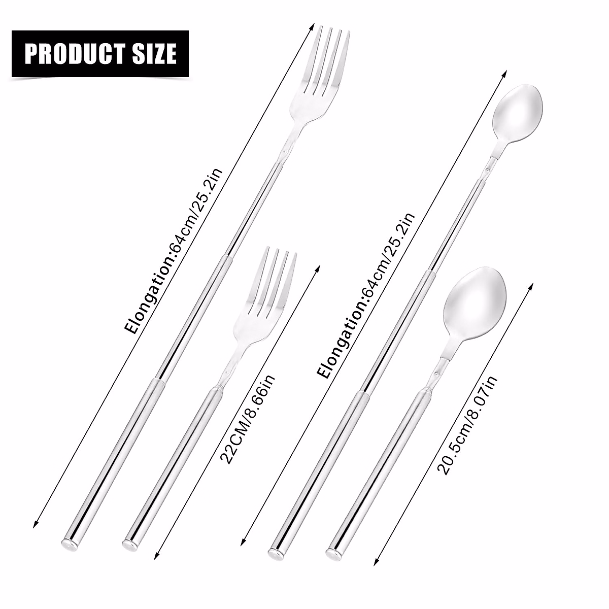 Extendable fork Spoon, Telescopic Fork and Spoon Set Stainless Steel Long Fork Extender Dinner Retractable Spoons Expandable Extension Fork Spoon Extends to 25.2" Tableware for BBQ Fruit