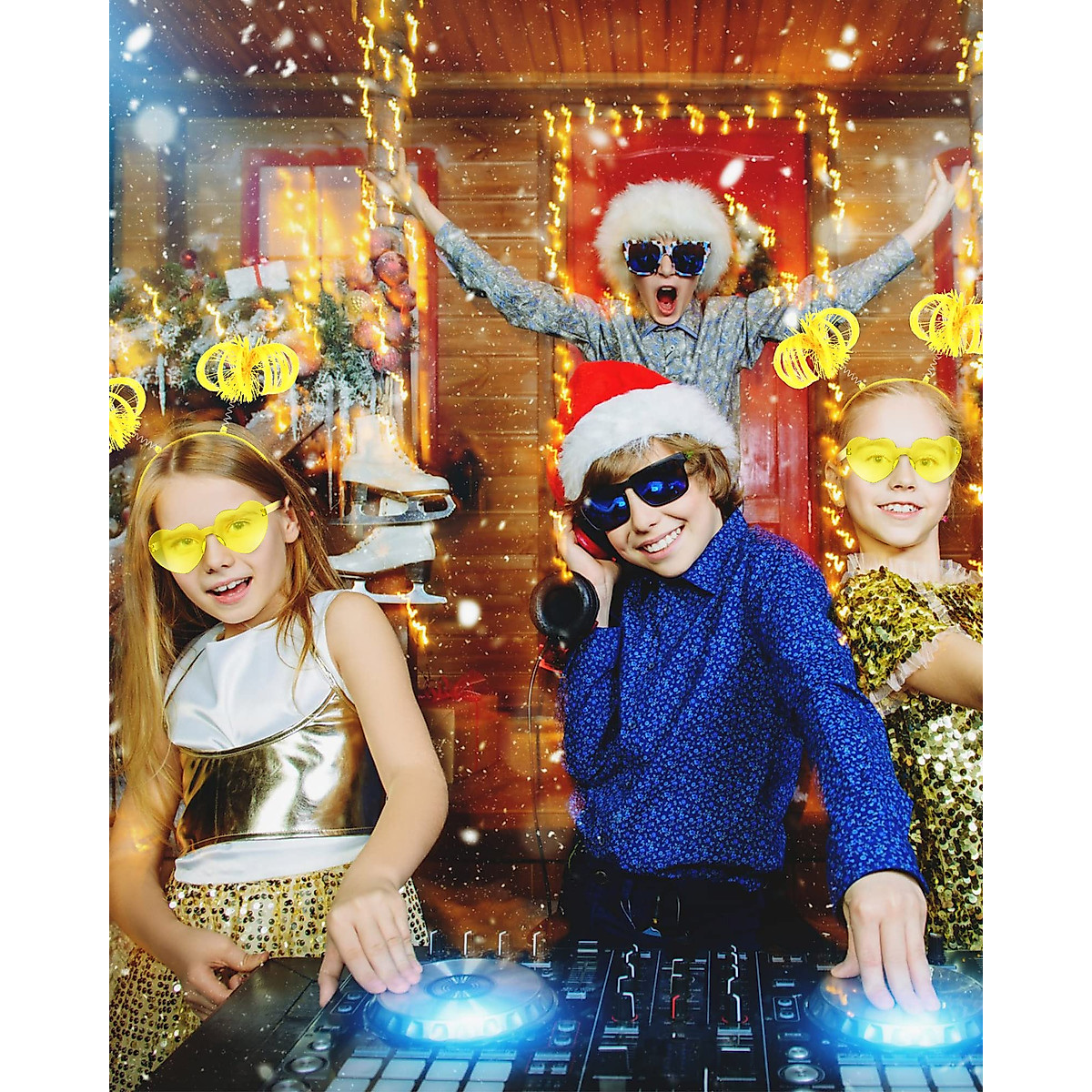 12 Pcs Tinsel Wrapped Ponytails Headband with Heart Shape Sunglasses Costume Party Faux Feather Headwear Bopper for Festival(Yellow)