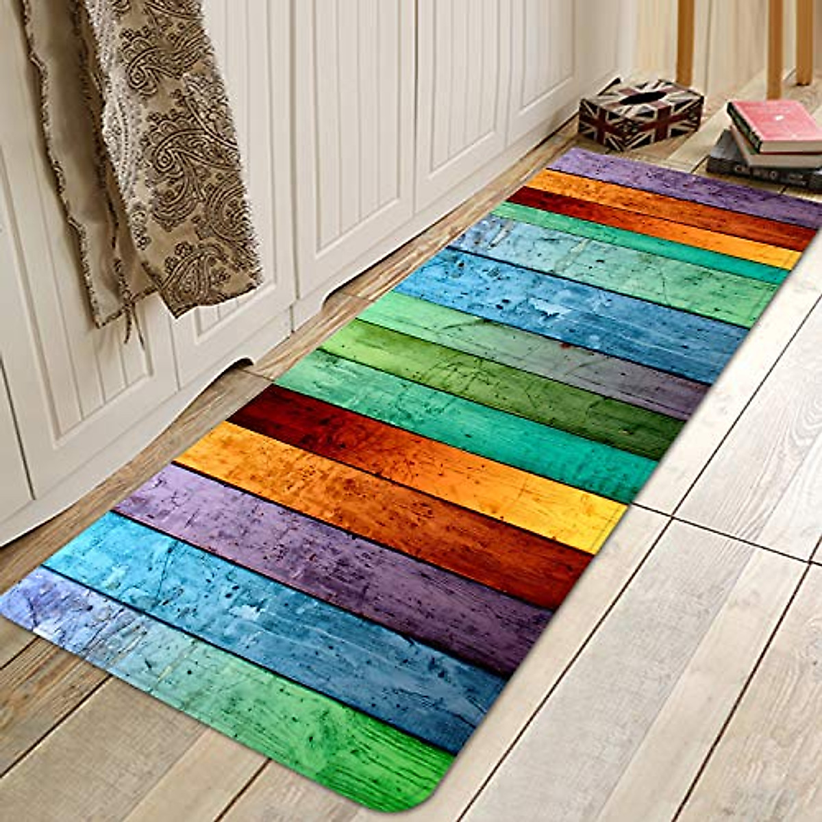 Colored Old Wooden Boards Print Memory Foam Bath Rugs and doormats Non Slip Absorbent Super Cozy Flannel Bathroom Rug Carpet 47x18 inches