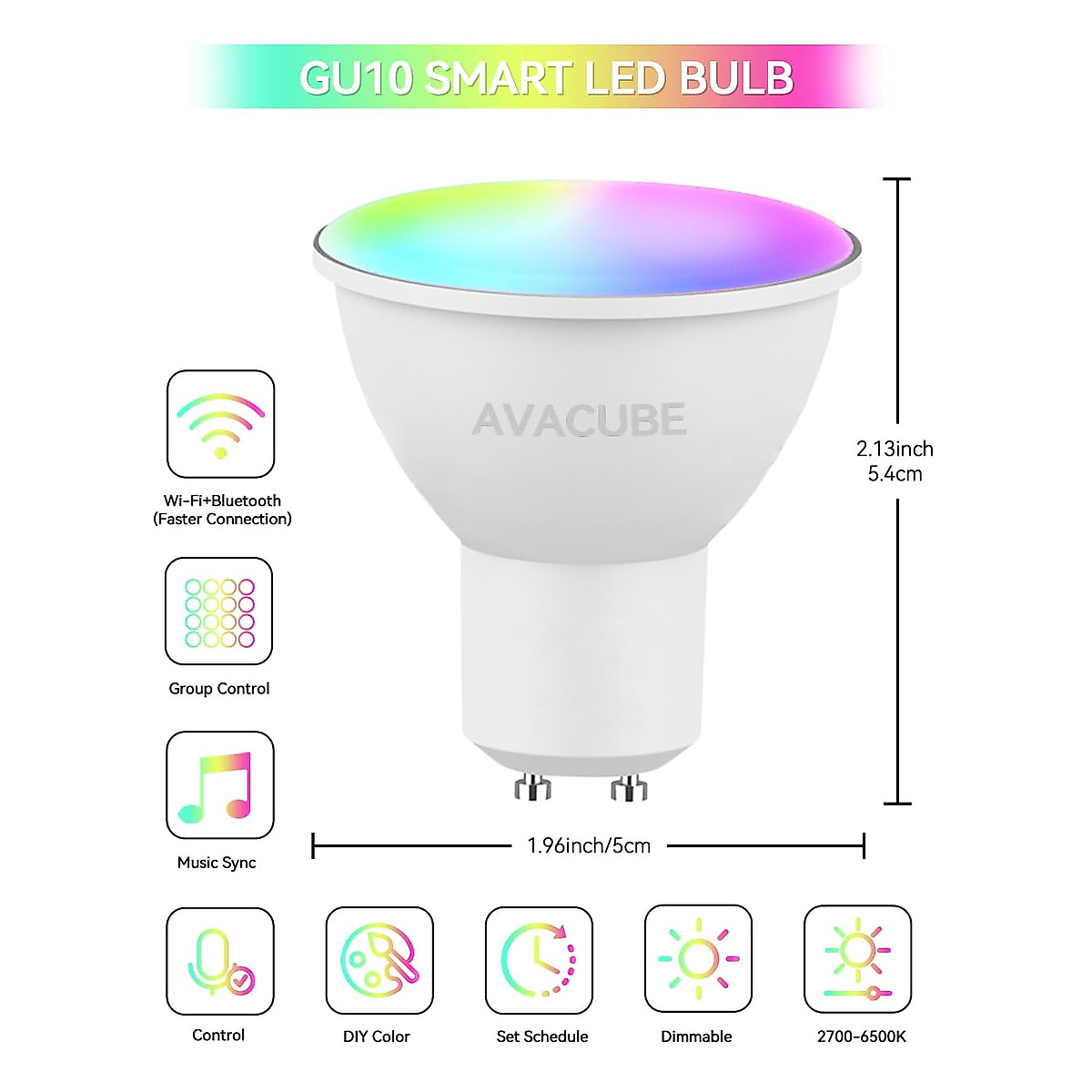 AVACUBE 4 Pack GU10 Smart Bulbs for Track Lights, 4.7 Watts PAR16 Smart LED Bulb Compatible with Alexa Google Assistant SmartThings Siri, Color Changing, Music Sync, Timer, 2700-6500K