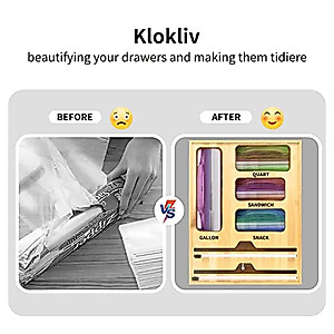 Klokliv Bamboo Ziplock Bag Storage Organizer with Sliding Lid,Foil and Plastic Wrap Organizer, Bamboo Aluminum Foil Dispenser With Cutter, 6 In 1 Sandwich Bag Organizer