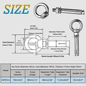 Reedny,Eyebolt Bolt Stainless Steel Wall Concrete Brick Anchor Expansion Bolts Ring Screw Eyes,Heavy Duty Anchor Fastener Eye Bolt (M8, 4 Pcs)