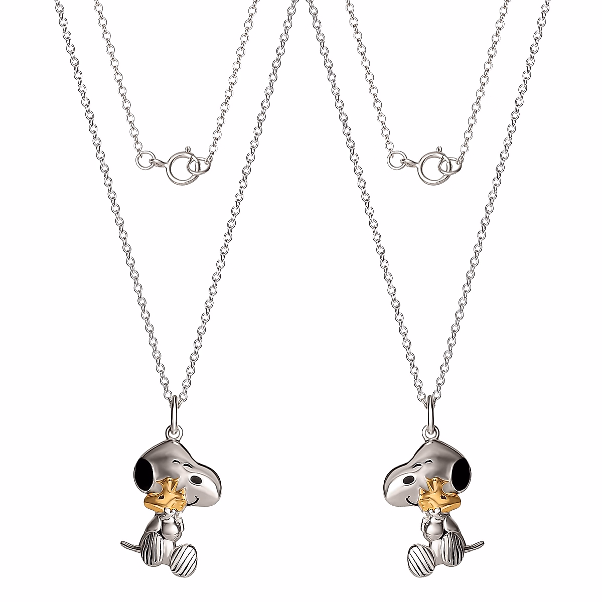 PEANUTS Snoopy Womens Friends Forever Woodstock and Snoopy Pendant Necklaces 2-Piece Set - Sterling Silver Matching Snoopy Necklaces 18" - Officially Licensed