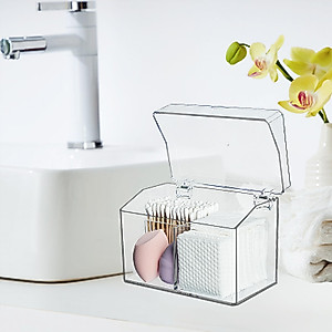 EOFJRUC Qtip Holder with Flip Cover Acrylic Clear Cotton Swab Dispenser for Bathroom