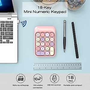FELICON Wireless Numeric Keypad 18 Keys with 2.4G Mini Portable Silent Number Pad USB Receiver Financial Accounting Keyboard Extensions for Laptop Desktop PC Pro（Pink Mix）