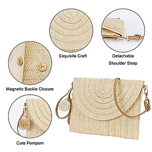 Straw Shoulder Bag Straw Clutch Straw Crossbody Bag Handmade Straw Beach Bag for Women Envelope Purse Wallet with Hand-woven Pompom (Creamy White)