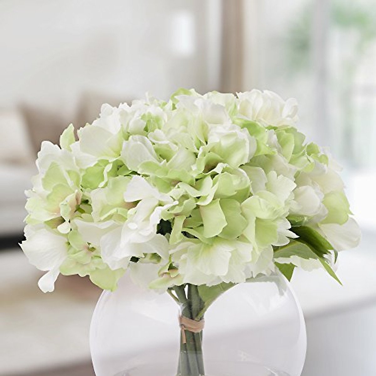 Pure Garden Hydrangea Floral Arrangement in Vase - 5-Count Artificial Flowers with Leaves in Faux Water-Filled Decorative Clear Glass Bowl (Green)