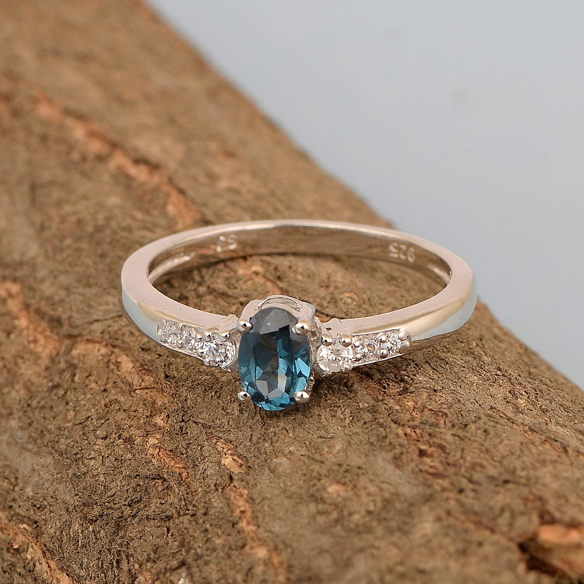 925 Sterling Silver London Blue Topaz and White Topaz Accents Women Engagement Ring (1.2 Ct Oval 6X4 MM, Gemstone Birthstone) Size_7