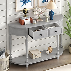 Beardslee Retro Console Table,52" Circular Curved Design Sofa Table with Open Style Shelf & Two Top Drawers,Solid Wooden Frame and Legs,Entryway Table for Hallway, Living Room (Gray Wash)