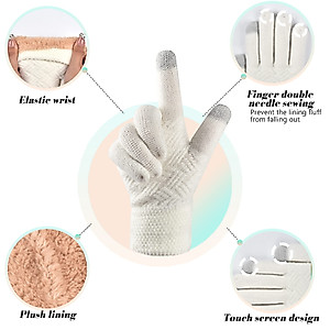 Women Winter Beanie Hat Scarf Touchscreen Gloves Set White, Warm Fleece Lining with Cute Pom Pom Cold Weather Soft Fashion Knitted Cap Lady