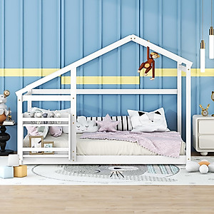 Bellemave House Bed for Kids, Twin Floor Bed, Pine Wood House Floor Bed, Montessori Bed for Kids, Gray with Shelf