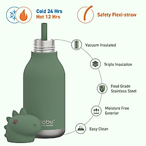 asobu Bestie Bottle Insulated Stainless Steel Water Bottle with Detachable Soft Animal Head Fun Drinking for Kids and Teens with Flexible Reusable Straw 16 Ounce (Dinosaur)