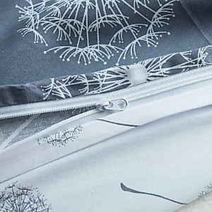 YuHeGuoJi Gray Botanical Duvet Cover Queen 100% Cotton Reversible Flower Duvet Cover 3 Pcs Set 1 White Dandelion Duvet Cover with Zipper Ties 2 Pillowcases Farmhouse Plant Print Bedding Set