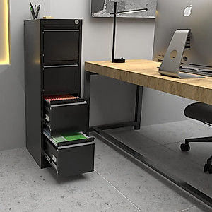 METAN 4 Drawer File Cabinet with Lock, Metal Vertical File Cabinet for Home Office, Locking Steel Filing Cabinet for Hanging Letter/Legal Folders, Black