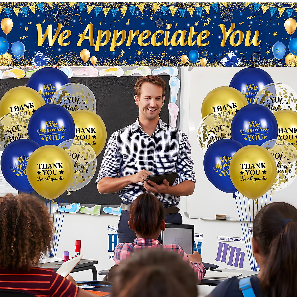 We Appreciate You Decorations Blue Gold Appreciate You Banner Yard Sign with 18 Pcs Balloons Thank You for All You Do Banner Employee Staff Appreciation Gifts Teacher Doctor Appreciation Party Decor