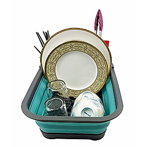 SAMMART 7.3L (1.9 Gallon) Collapsible Dish Drainer with Drainer Board - Foldable Drying Rack Set - Portable Dinnerware Organizer - Space Saving Kitchen Storage Tray (Grey/Crystal Blue)