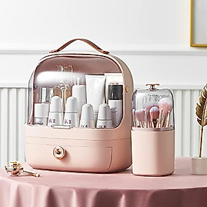 MIUOPUR Large Makeup Organizer with Brush Holder, Cosmetic Display Case with Drawer, Waterproof and Dustproof Transparent Cover, Portable Handle, Suitable for Bathroom and Bedroom -Pink