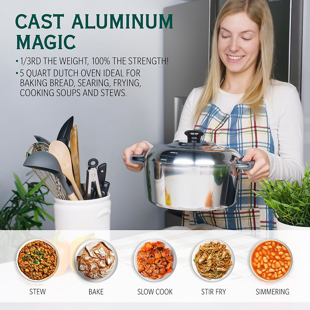 Magnaware Cast Aluminum Dutch Oven with Lid - 5 Quart Lightweight Cookware Pot with Silicone Covers for Easy Handling - Even Heat Distribution & Retention - For Bread Baking, Stew, Simmering & More