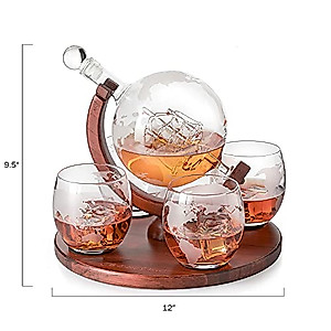 Etched World Decanter whiskey Globe - The Wine Savant Whiskey Gift Set Globe Decanter 750 ml with Antique Ship, Whiskey Stones and 4 World Map 10oz Glasses, Great Gift - Alcohol Related Gift, HOME BAR