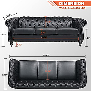 Wlvos 84" Leather Chesterfield Sofas for Living Room, Rolled Arm 3-Seater Large Couch Deep Button Nailhead Tufted Upholstered Couches for Bedroom, Office Apartment Easy to Assemble (Black)