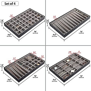 JACKCUBE DESIGN Stackable Synthetic Leather Jewelry Trays Organizer Jewelry Storage Display Earring Necklace Bracelet Ring Organizer for Drawer (Set of 4, Black)- MK212-1ABCD