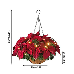 JUOPZKENN Prelit Artificial Christmas Hanging Basket, Artificial Poinsettia Hanging Basket Christmas Decoration Pendant with LED Lights, Fake Floral Arrangement Ornaments Xmas Holiday Favor