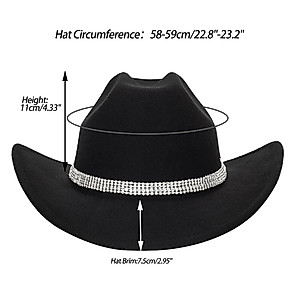 Five Rows Rhinestones-Cowboy-Cowgirl-Hat - Roll Wide Brim Western-Hat for Wedding Music Costume Party (Fit for M-L) Black