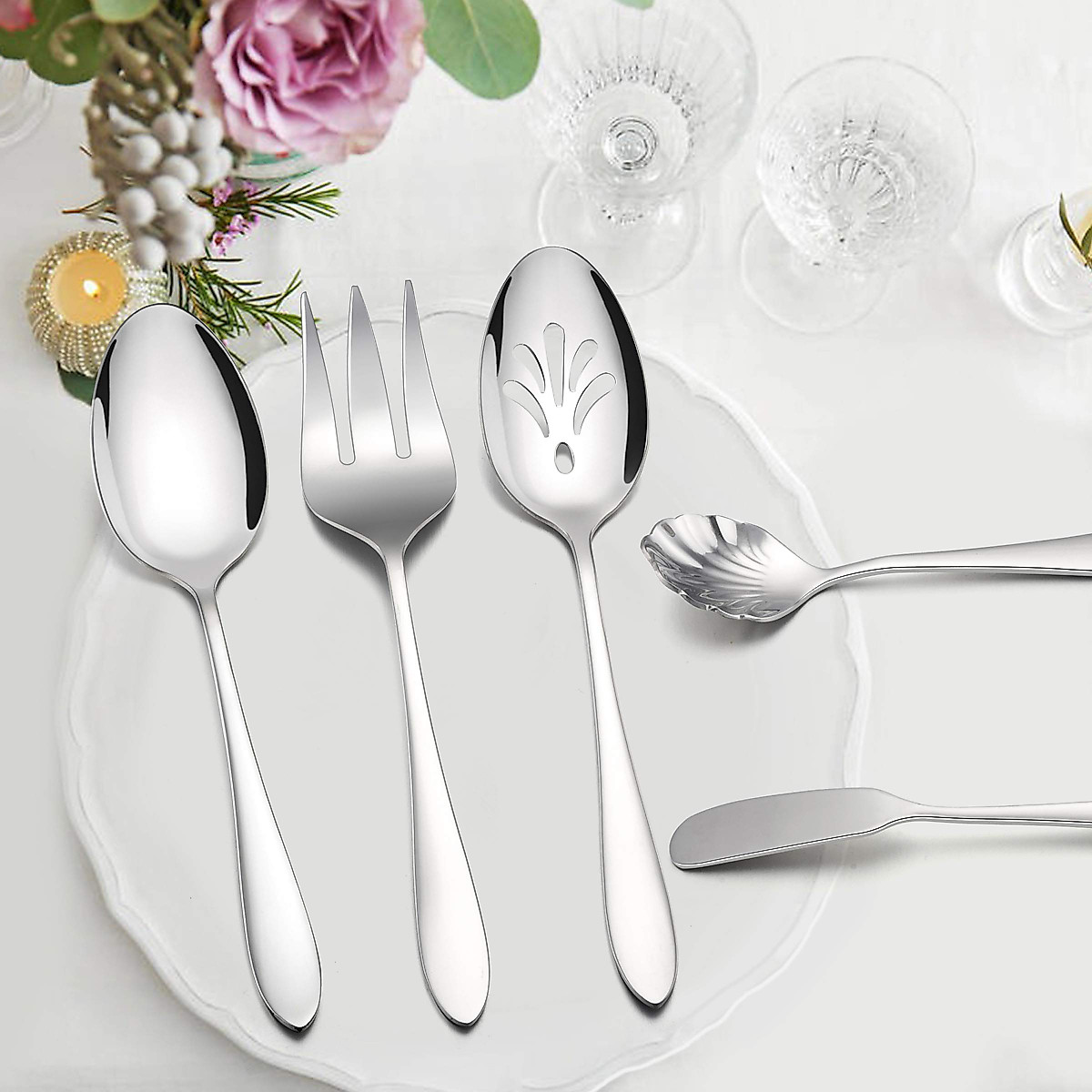 LIANYU Serving Utensils, 5 Pieces Stainless Steel Hostess Silverware Flatware Cutlery Serving Set, Mirror Finished, Dishwasher Safe
