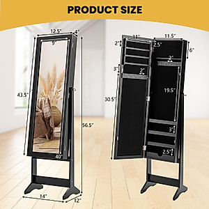 LOKO Freestanding Jewelry Armoire Cabinet, Jewelry Organizer with Full Length Mirror, Standing Makeup Mirror Cabinet w/ 3 Adjustable Angles & Large Storage Capacity, for Bedroom Dressing Room (Black)