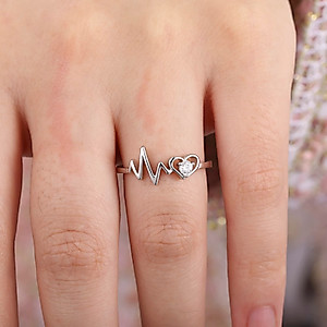 Arvaleff 925 Sterling Silver Rings for Women Wedding Band Heart Beat Cubic Zirconia Engagement Eternity Ring Thin Stackable Comfort Fit Size 8