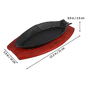 DOITOOL Fish Shaped Grill Pan Pre Seasoned Cast Iron Skillet with Wooden Base Fish Cast Iron Grill and Serving Pan Fryer Portable BBQ Pan Plate Baking Tools,for Cooktop,Gas Stoves,BBQ etc