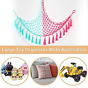 Stuffed Animal Net or Hammock with LED Light, Hanging Corner Storage Net for Wall, Toy Net Hammock Stuffed Animals Holder with Woven Tassels for Nursery Play Room Kids Bedroom Decor