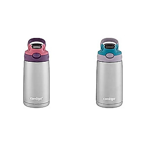 Contigo Kids Stainless Steel Water Bottle with Redesigned AUTOSPOUT Straw, 13 oz, Eggplant & Punch & Kids Stainless Steel Water Bottle with Redesigned AUTOSPOUT Straw, 13 oz, Taro & Juniper
