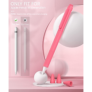 MoKo Silicone Pencil Sleeve for Apple Pencil 1st Generation, Lightweight Apple Pencil Silicone Cover Anti-Slip Grip iPad Pencil Holder with Clip, 3 Nips, Watermelon Red