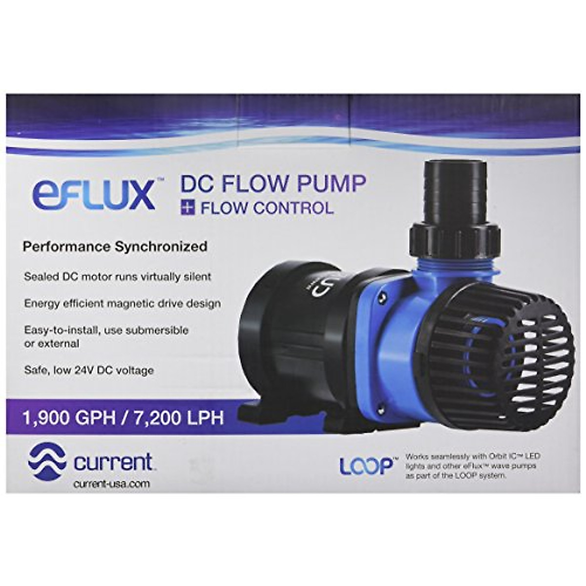 Current USA eFlux DC Flow Pump with Flow Control 1900 GPH | Ultra Quiet, Submerisble or External Installation | Safe for Saltwater & Freshwater Systems, Model Number: 6010