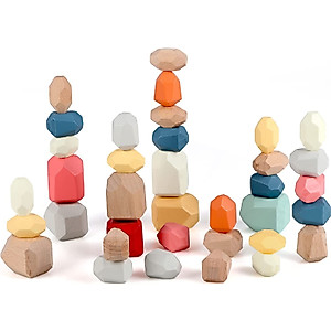 AAA777USA Montessori Stacking Wooden Rocks Balancing Stone Preschool Educational Sensory Toys for Toddlers 3 4 5 Year Boys and Girls – Building Block Set 36 pcs