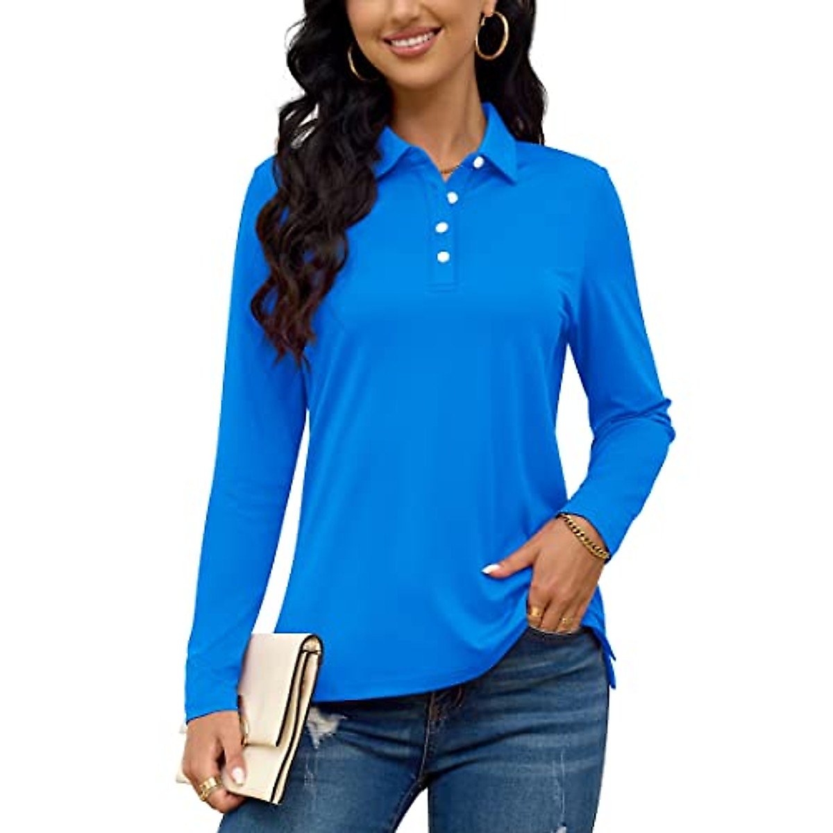 TACVASEN Women's Polo Shirts Lightweight Soft Stretch Golf Apparel for Women, Azure, L