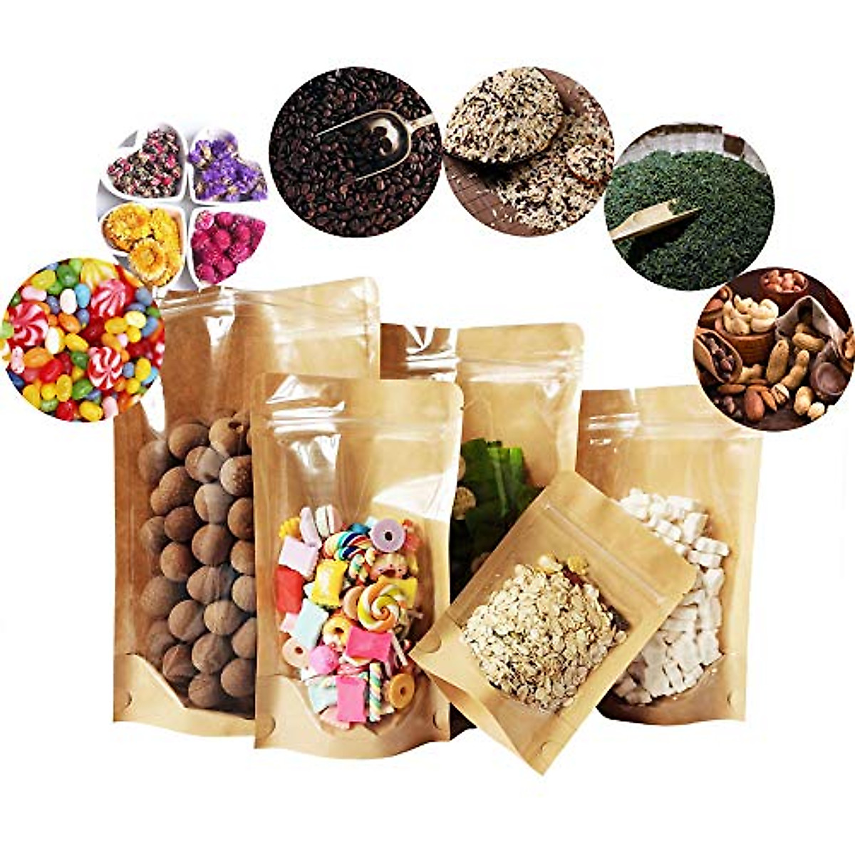 Couga Mall All-Purpose Kraft Paper Stand Up Bag, Zip Lock Reusable Kraft Package Bag Storage Pouch with Notch and Clear Front for Storing Seeds, Snack and Nuts – Brown – 50 PCS (4.7”7.8”(1220cm))