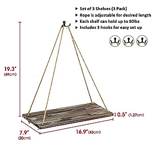 J JACKCUBE DESIGN Rustic Wood Hanging Shelves Set of 3 Farmhouse Bohemian Room Décor Floating Rope Display Shelf Plant Holder for Living Room Bedroom Kitchen Rope Shelves -MK555AAA