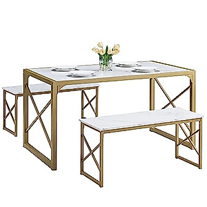 VECELO Kitchen Table with 2 Benches for 6,Wood Dining Room Dinette Sets with Metal Frame for Breakfast Nook and Small Space, 55", White&Gold