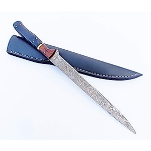 Nooraki F110N Handmade Damascus Steel Large Fillet Knife Hunting Fishing, Full Tang Wood & Horn Handle, 13.5 inch Sharp
