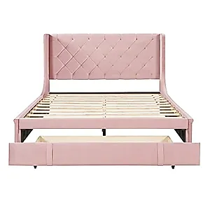 FIQHOME Queen Size Storage Bed,Velvet Upholstered Platform Bed with Wingback Headboard,Solid Wood Bed Frame with a Big Drawer,for Bedroom Guestroom,Easy Assembly,Pink