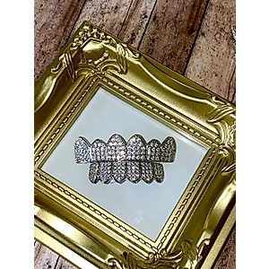 18K White Gold Plated CZ Cluster Custom Slugs Top Bottom Grillz Mouth Teeth Grills Set - Grillz, Teeth Cap, Iced Out Grillz (Silver Top & Bottom Set)